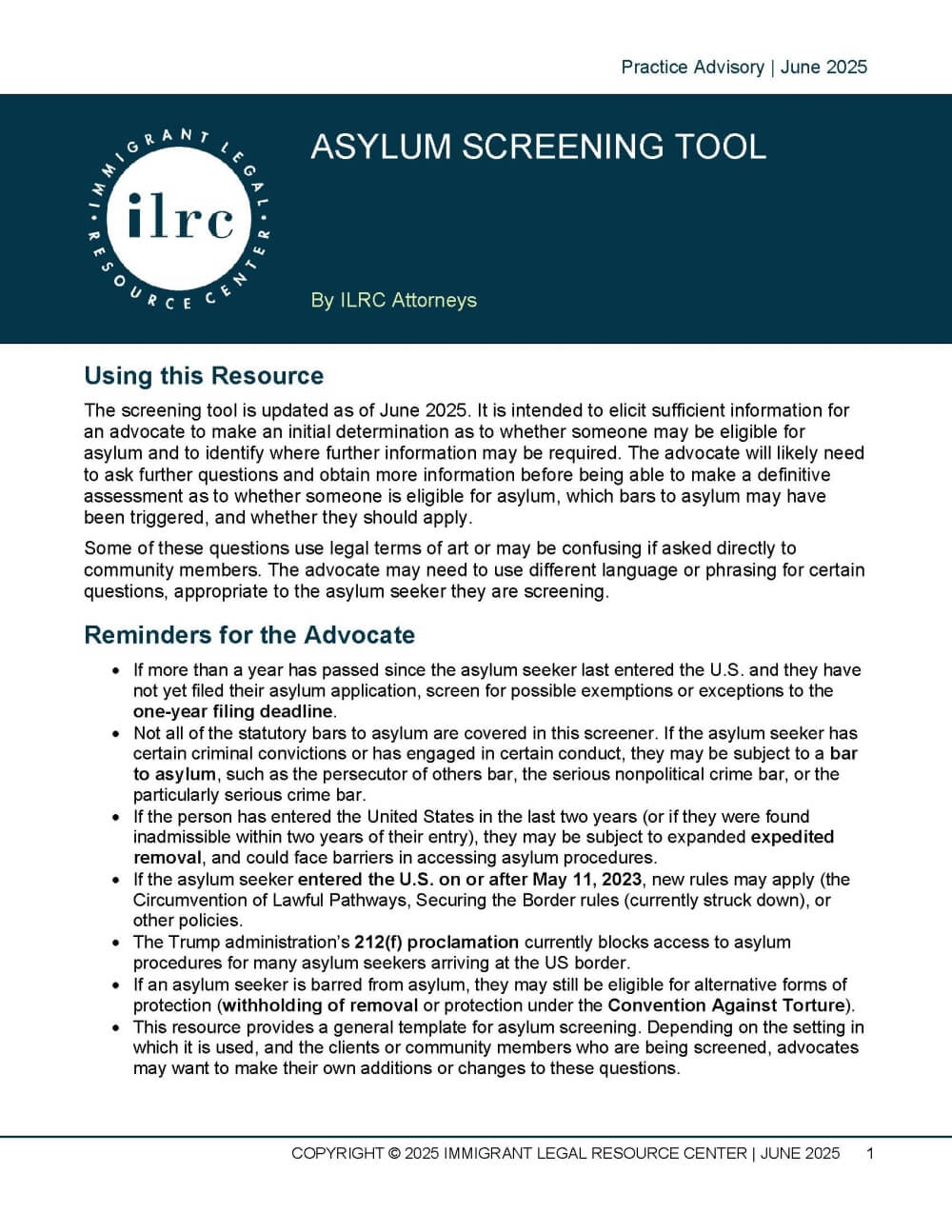 Asylum Screening Tool | Immigrant Legal Resource Center | ILRC